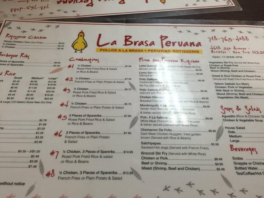 Carta del restaurante La Brasa Peruana, Nueva York