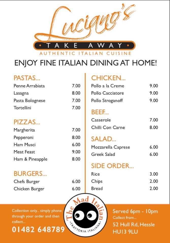 Menu at Luciano's The mad Italian restaurant, Hessle, 52 Hull Rd