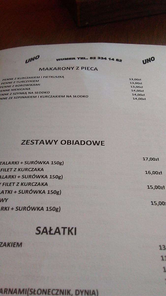 Menu at Pizzeria Uno, Czersk