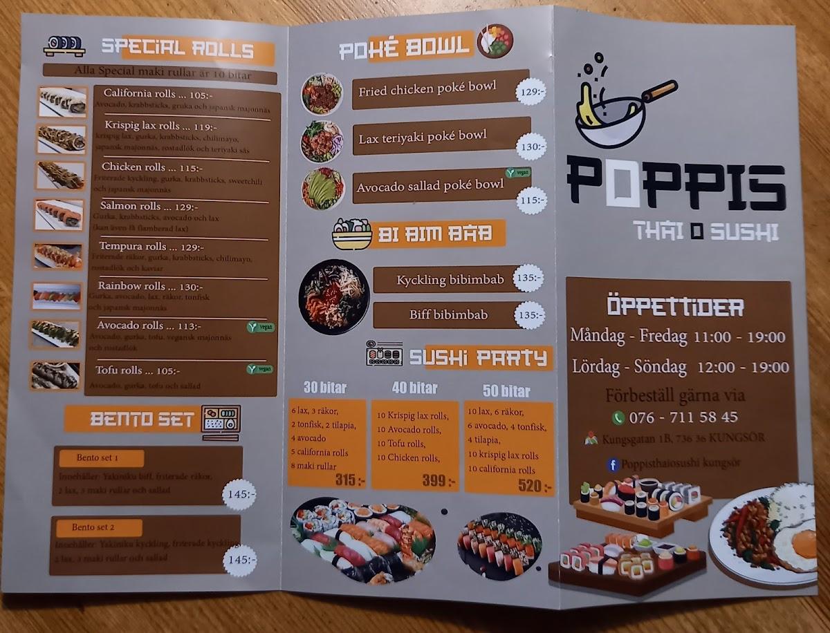 Menu at Poppis Thai & Sushi restaurant, Kungsör