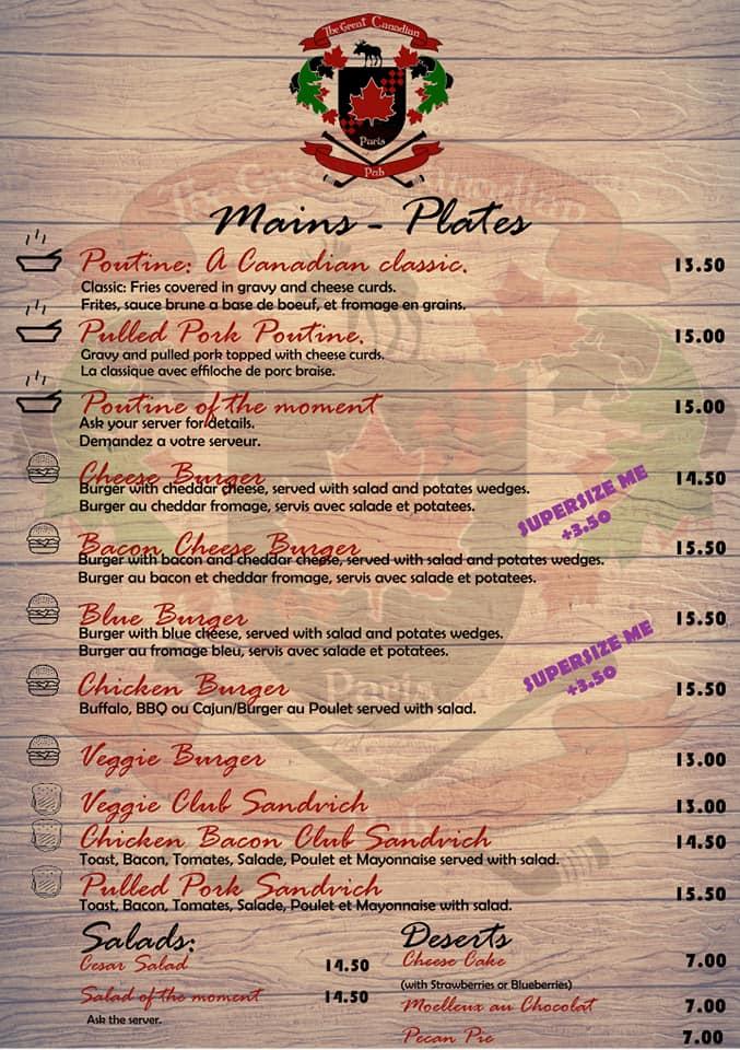 Menu at The Great Canadian Pub, Paris