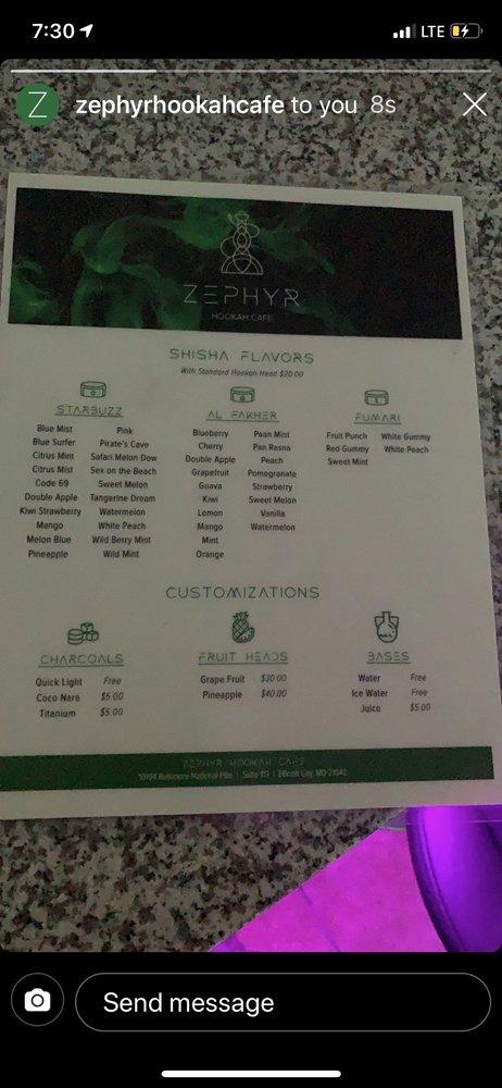 Menu at Zephyr Hookah Cafe, Ellicott City