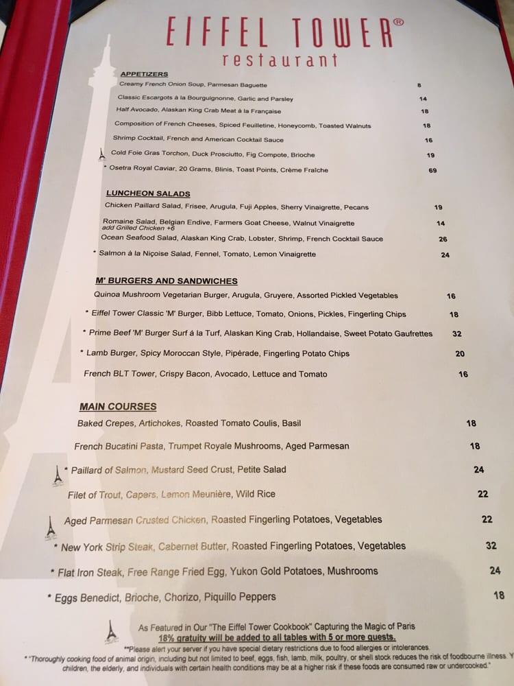 Menu at Eiffel Tower Restaurant, Las Vegas, S Las Vegas Blvd