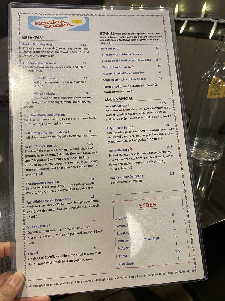 Menu at Kook's Cooks pizzeria, Coquitlam