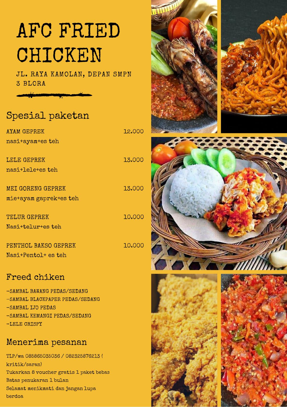 Menu at AFC FRIED CHIKEN restaurant, Blora