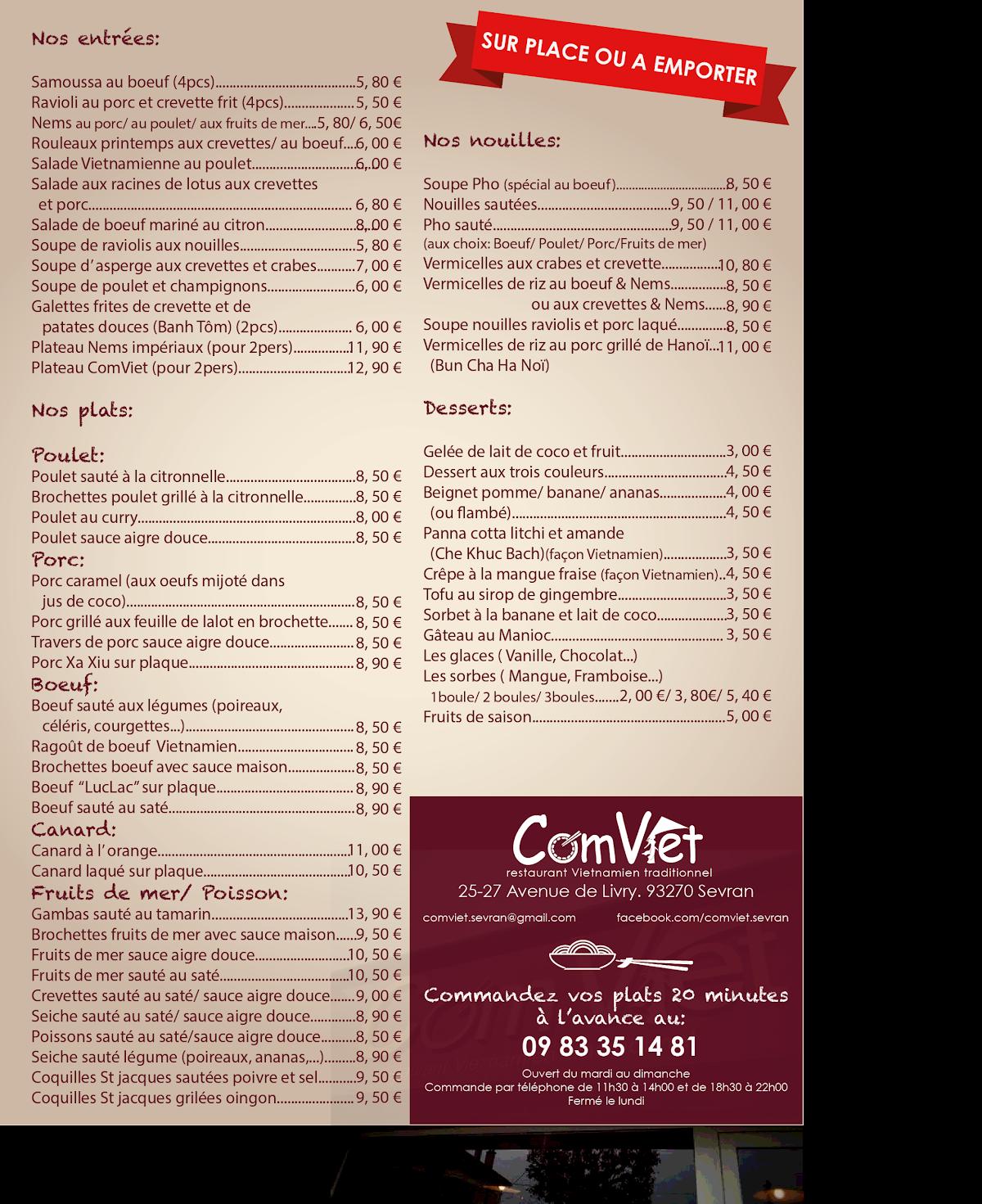 Menu au Com Viet restaurant, Sevran