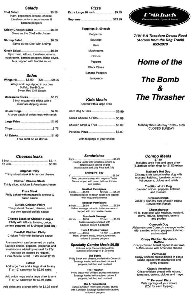 Menu at D'Michaels restaurant, Theodore