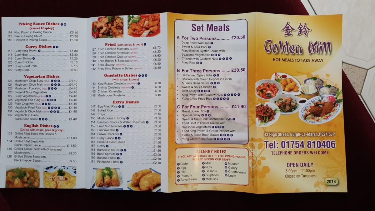Menu at Golden Mill restaurant, Burgh le Marsh