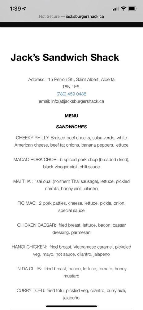 Menu at Jack's Burger Shack restaurant, St. Albert