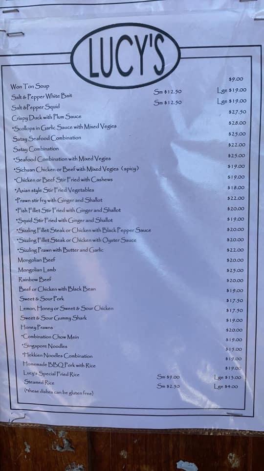 Menu at Lucy's restaurant, Mallacoota, 64 Maurice Ave