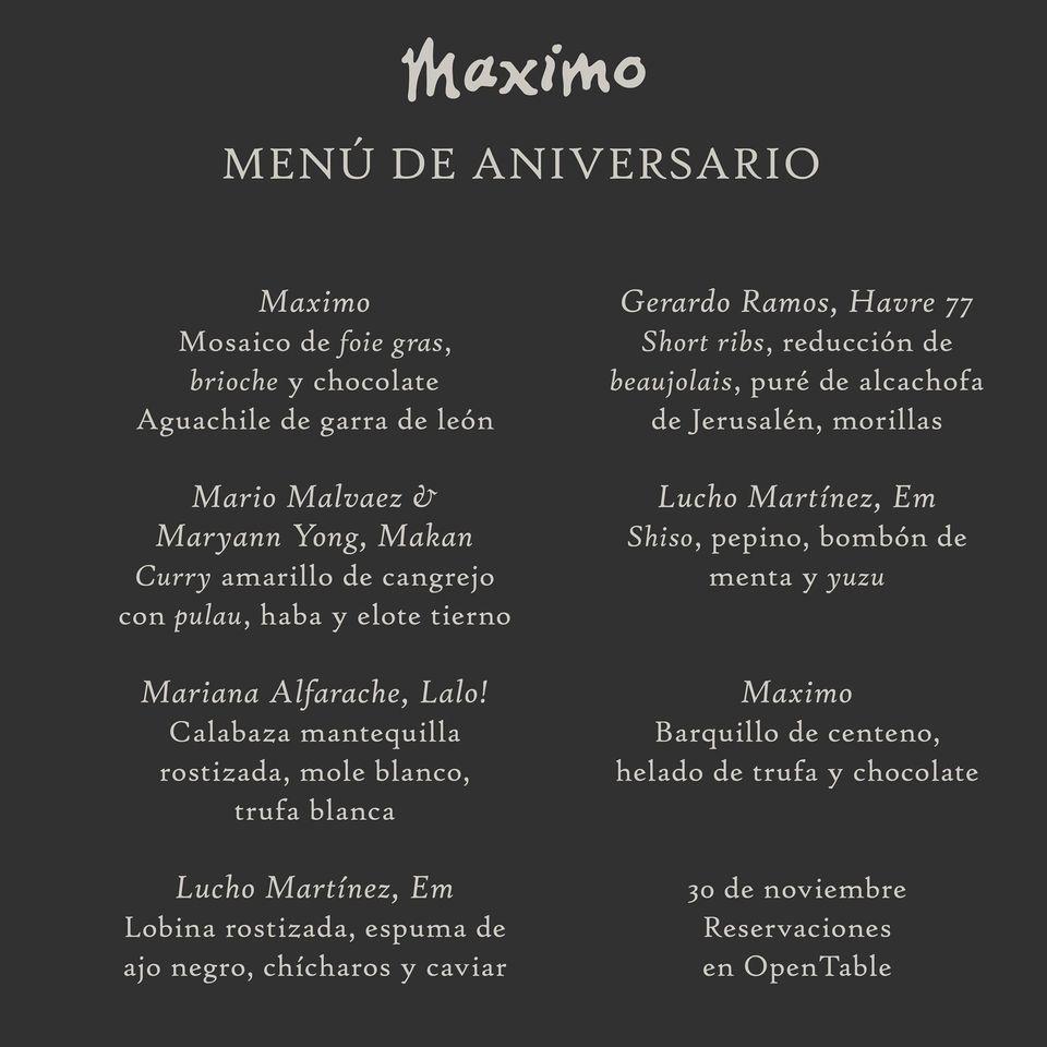 Menu at Maximo Bistrot restaurant, Mexico City, 65 Bis Calle Álvaro Obregón