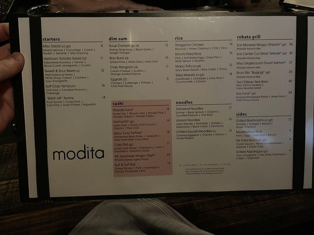 Menu at Modita restaurant, Indianapolis