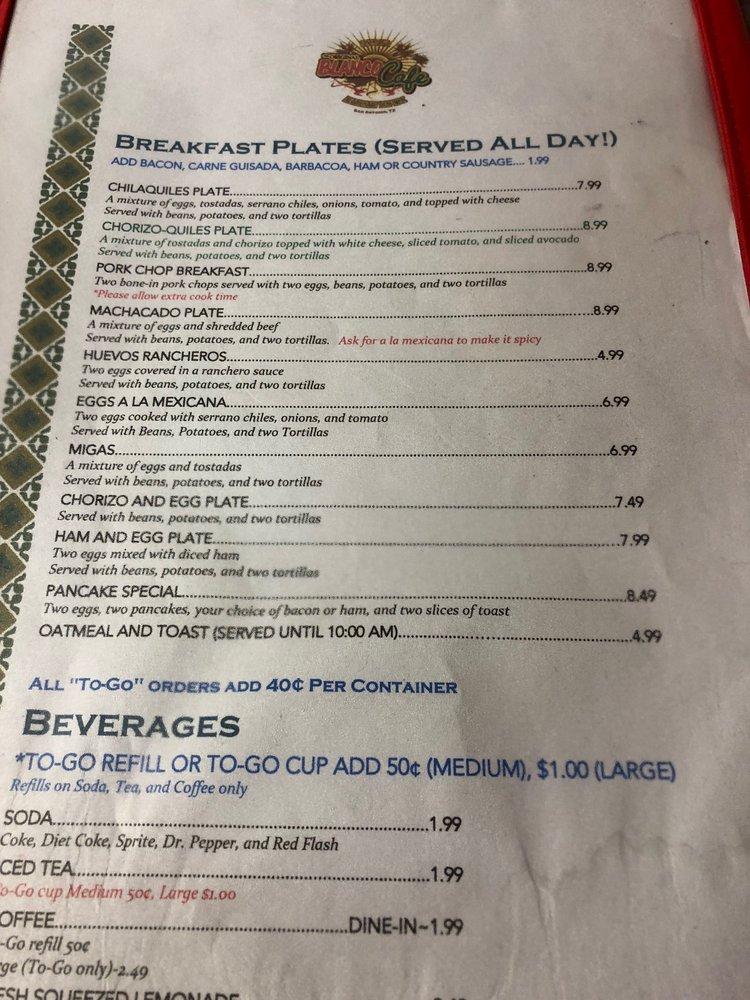 Menu at Original Blanco Cafe, San Antonio, Fredericksburg Rd