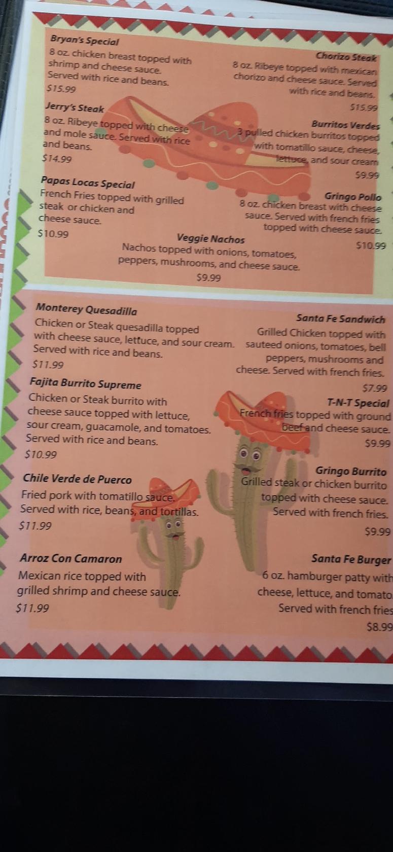 Menu at Santa Fe Mexican American restaurant, Scottsburg, 189 S Gardner St