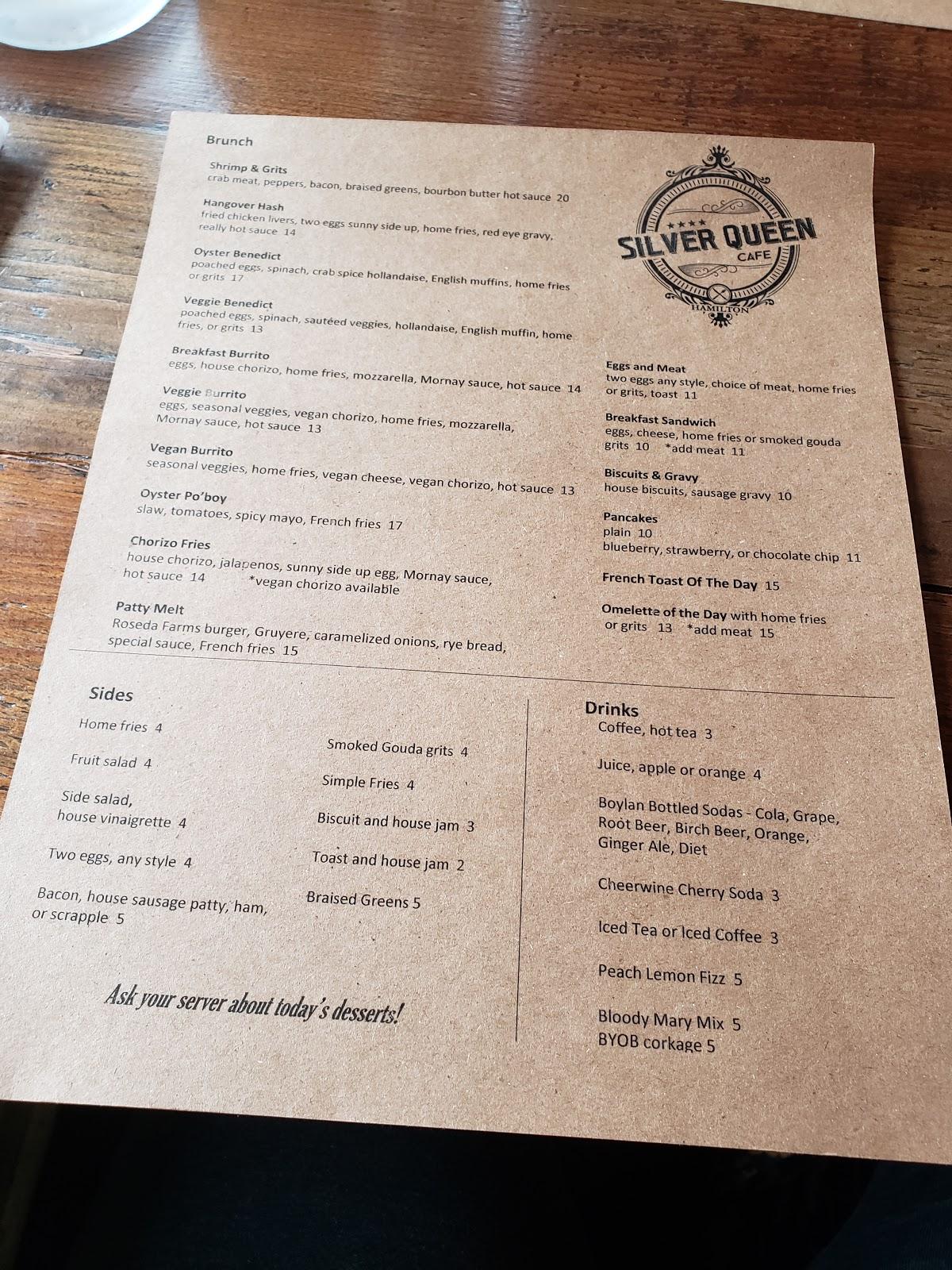Carta de Silver Queen Cafe, Baltimore