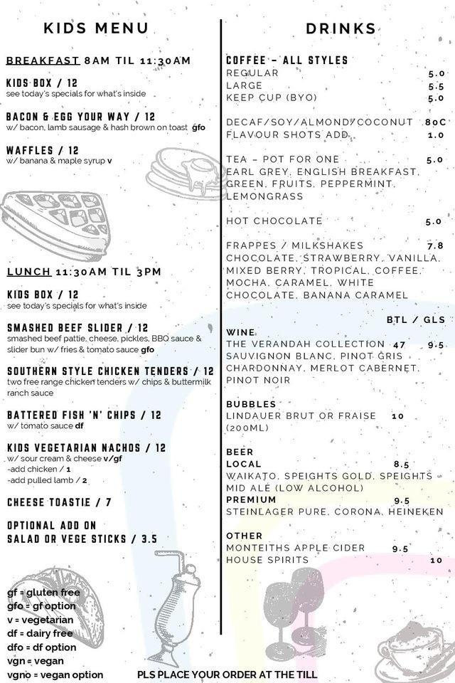 Menu at The Verandah Cafe & Function Centre, Hamilton