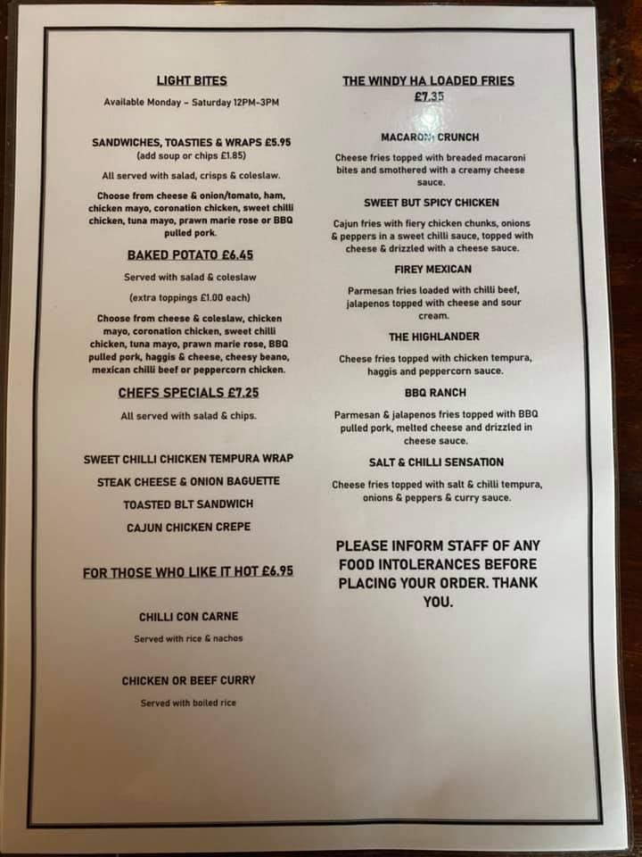 Menu at Windy-ha-Bar, Saltcoats