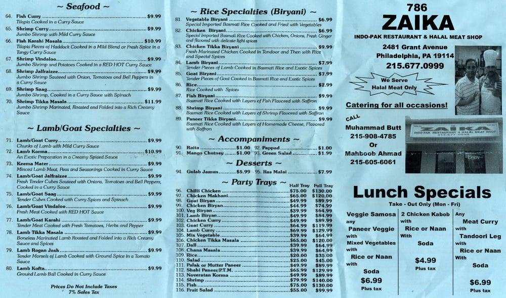 Menu at Zaika Pakistani restaurant, Philadelphia