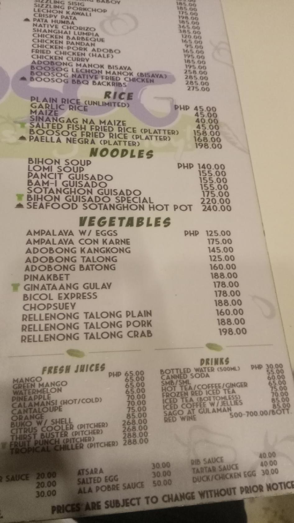 Menu at Boosog Lasang Pinoy restaurant, Cebu City, 8V6V+VXG