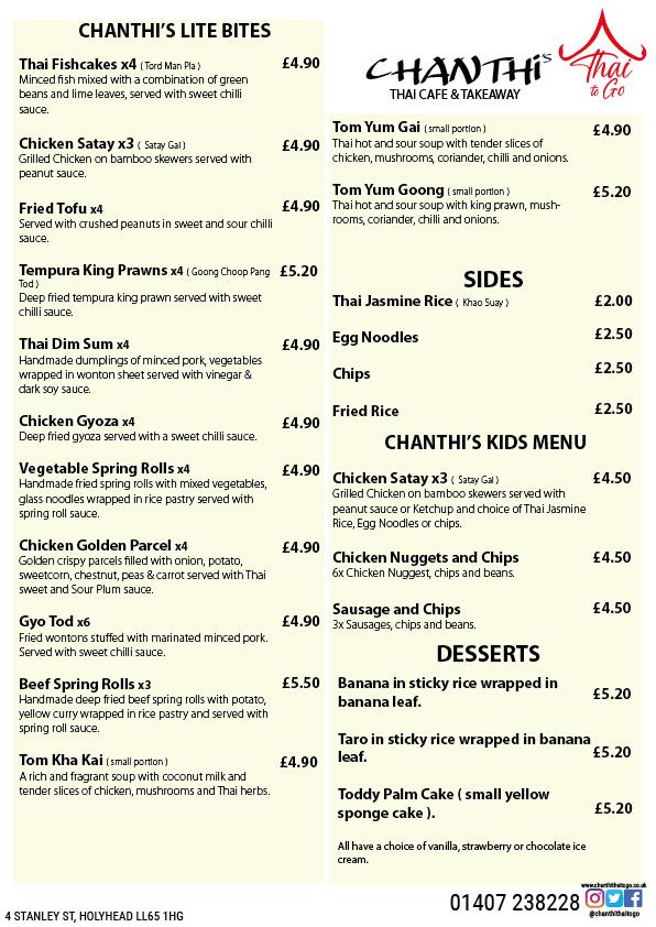Menu at Chanthi's Thai to Go restaurant, Holyhead