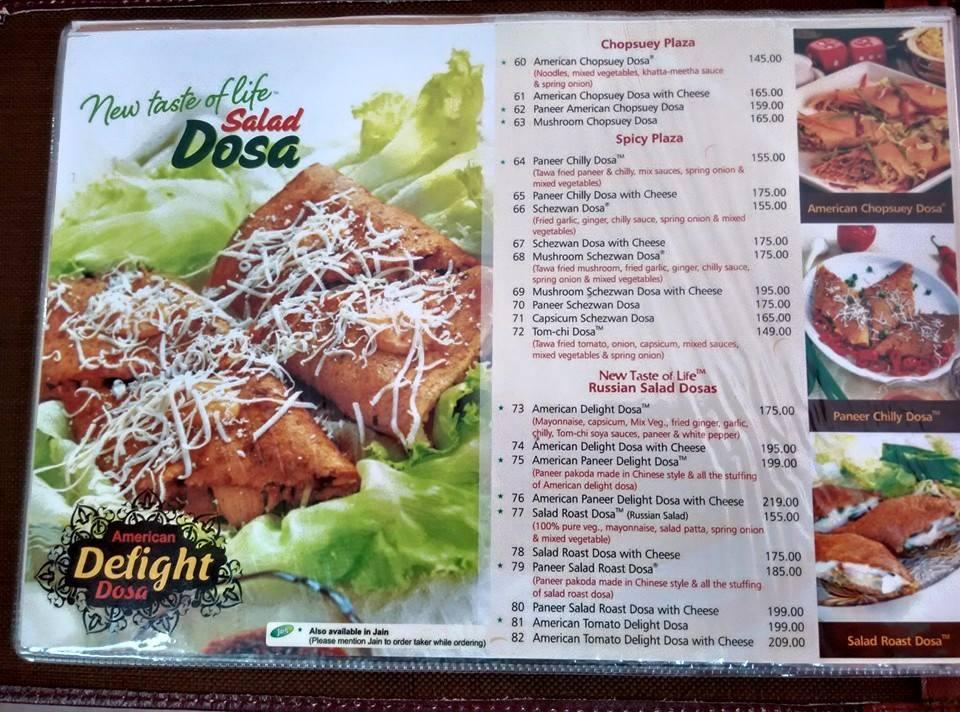 Menu at Dosa Plaza, Kashipur