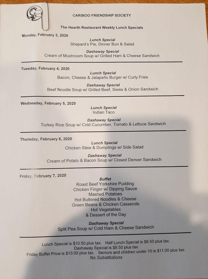 Menu at Hearth Restaurant, Williams Lake
