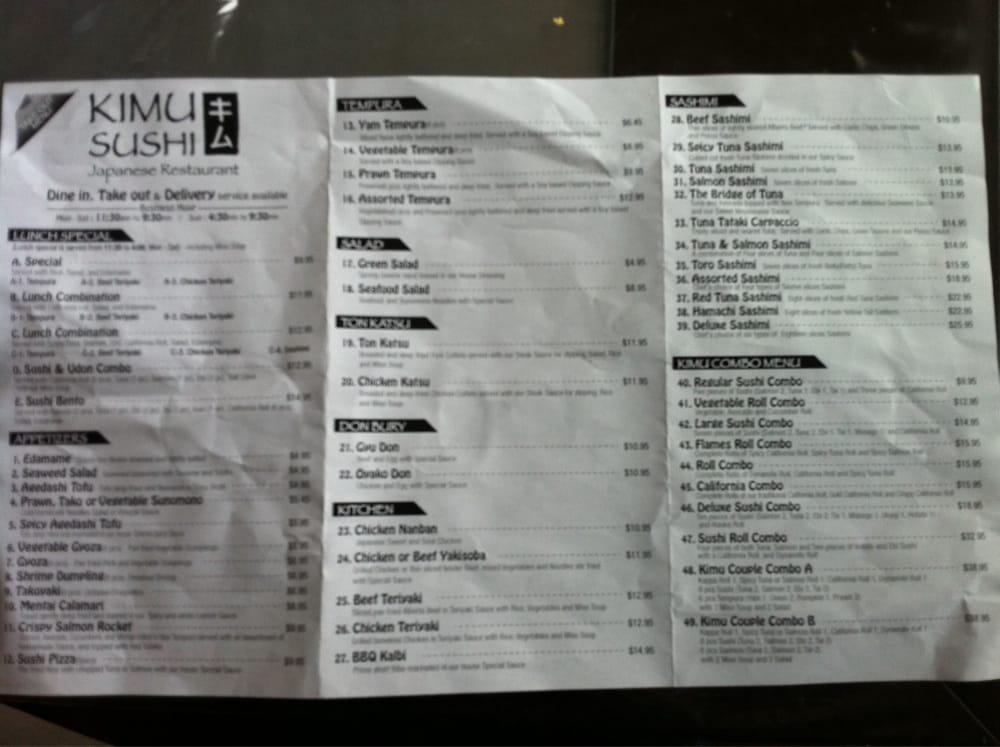 Menu at Sushi Kimu restaurant, Calgary