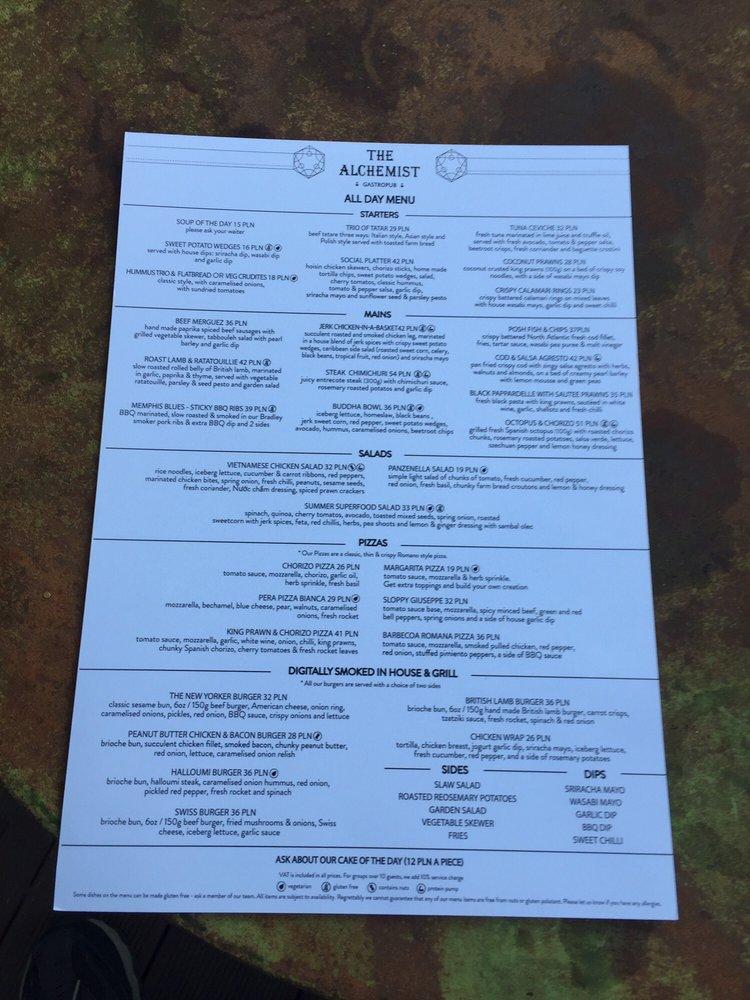 Menu at The Alchemist - Metropolitan restaurant, Warsaw