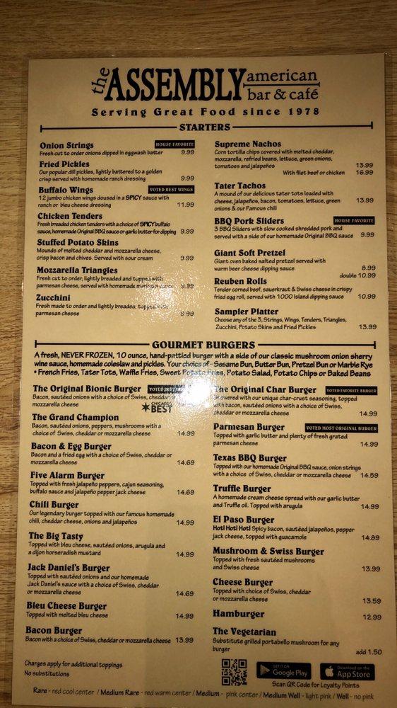 Carta de The Assembly American Bar & Cafe, Hoffman Estates