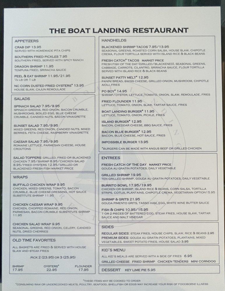 Menu at The Boat Landing Restaurant, Sunset Beach