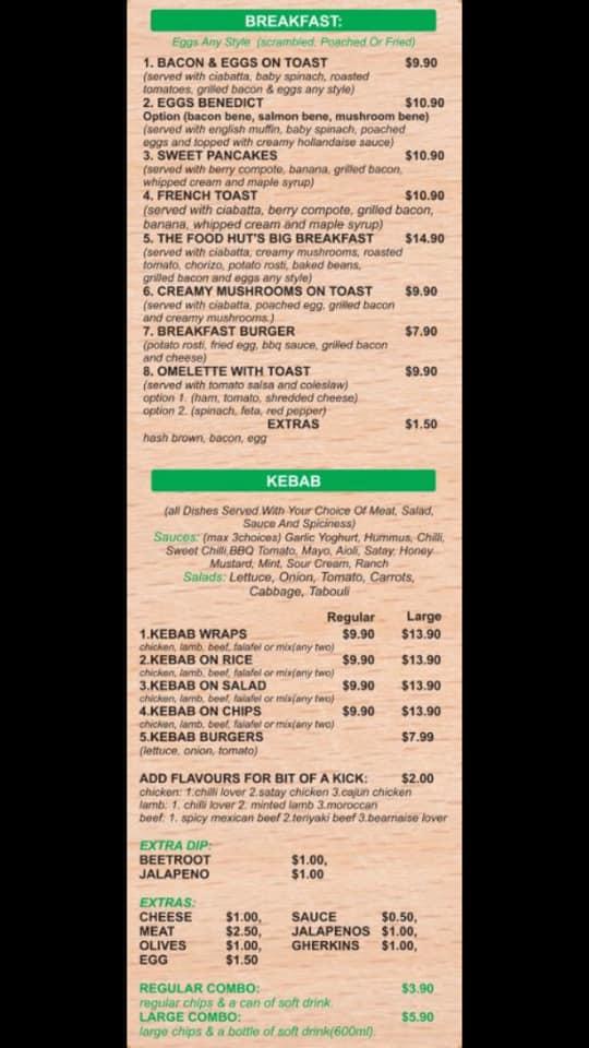 Menu at The Food Hut restaurant, Auckland