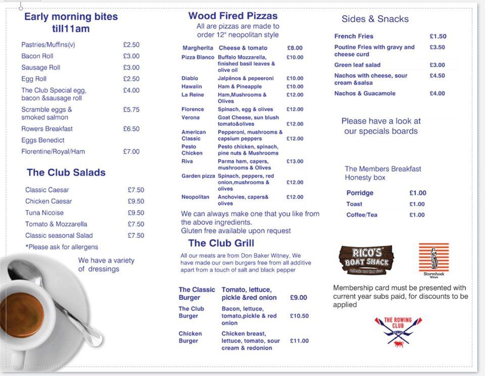 Menu at The Rowing Club Bar and Cafe, Oxford