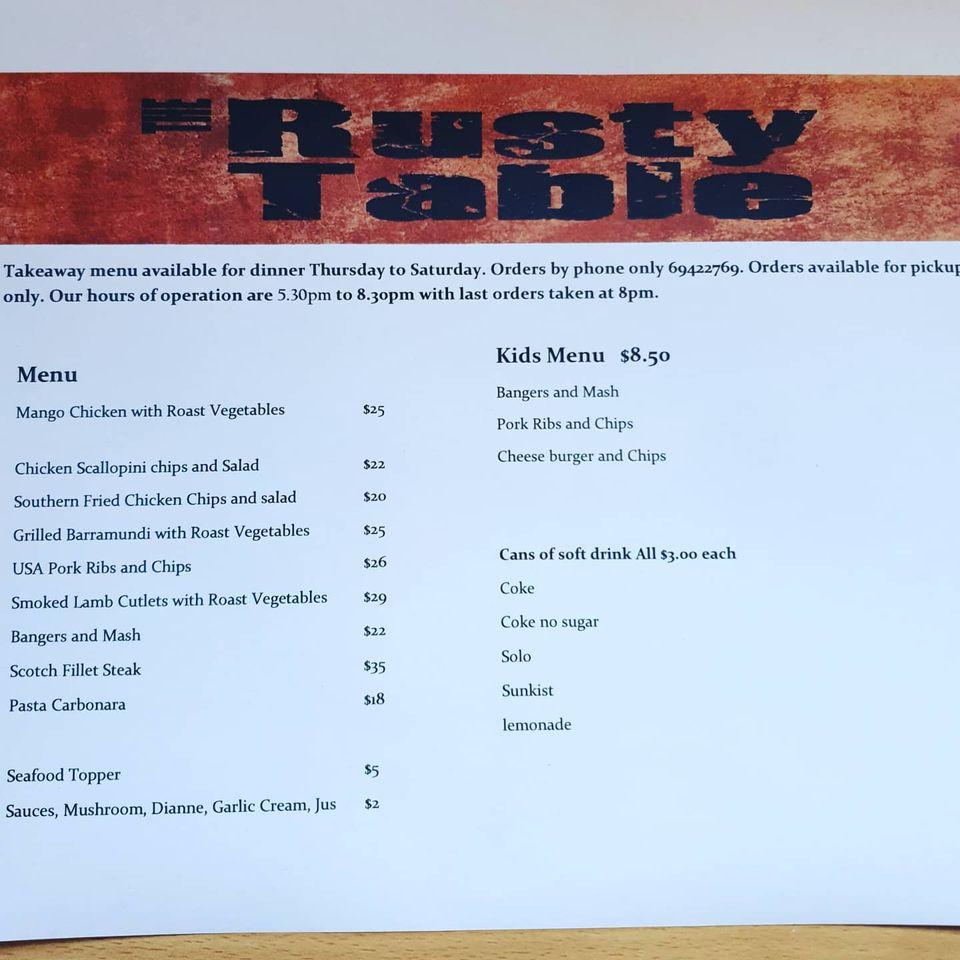 Menu at The Rusty Table restaurant, Cootamundra