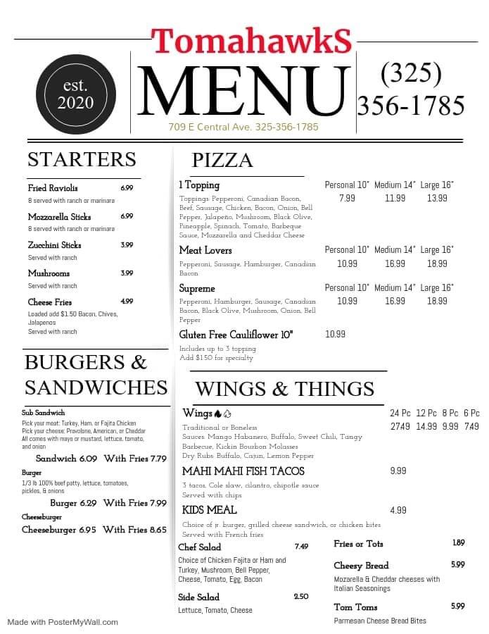 Menu at Tomahawks pizzeria, Comanche