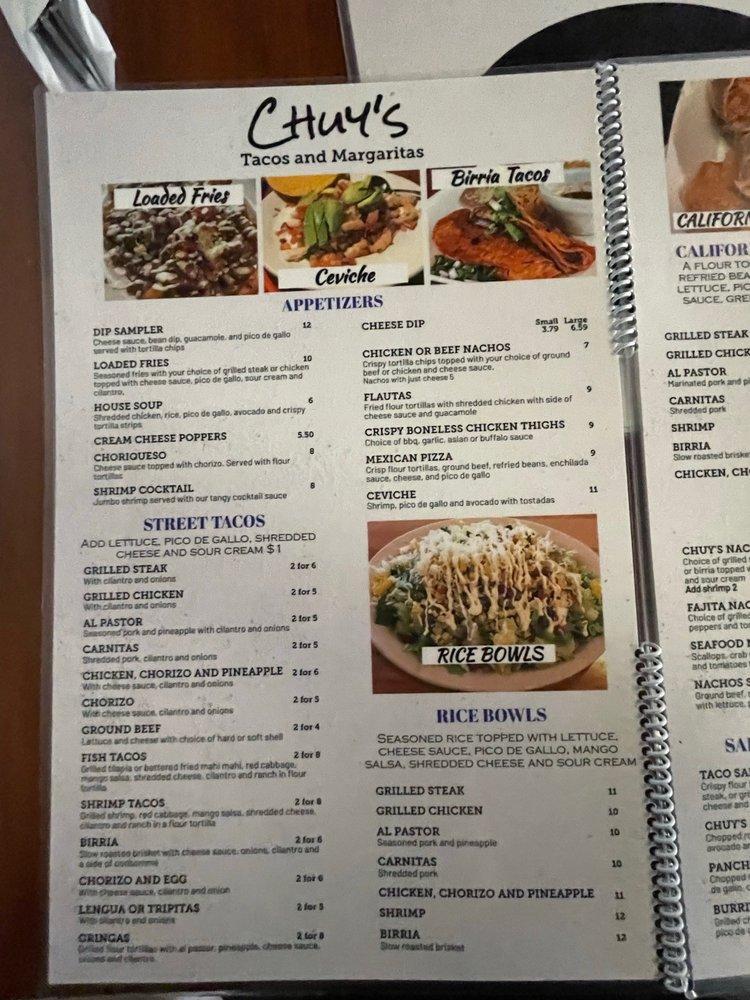 Menu at Chuy's Tacos and Margaritas pub & bar, Mifflin