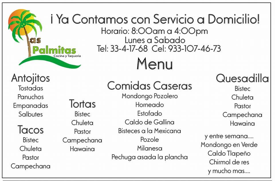 Menu at Cocina "Las Palmitas" restaurant, Comalcalco