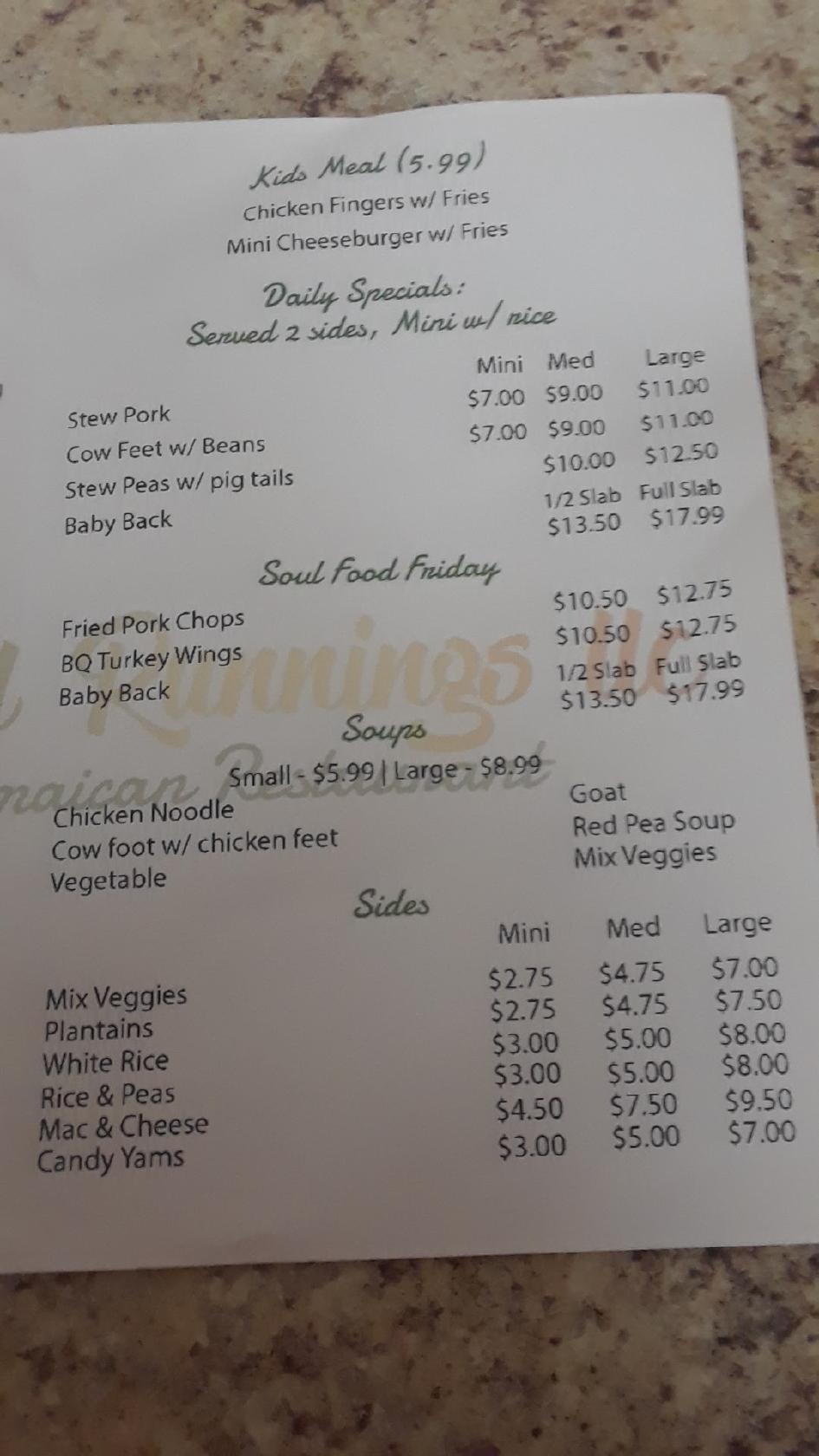 Menu at Cool Runnings Jamaican Restaurant, Daytona Beach