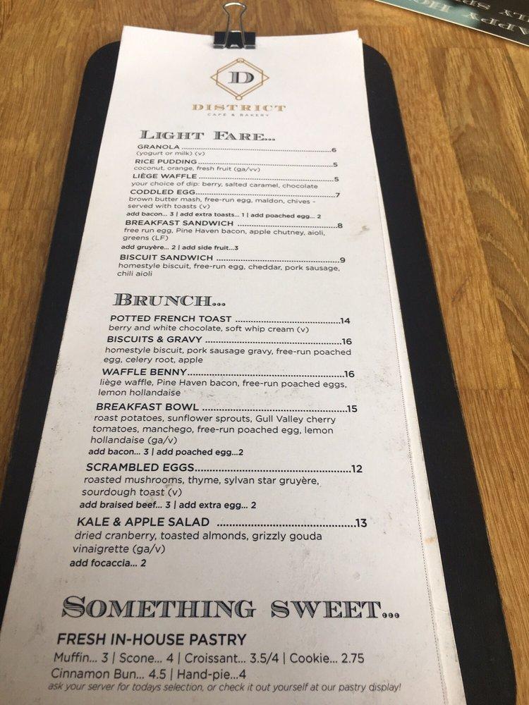 Menu at District Café & Bakery, Edmonton