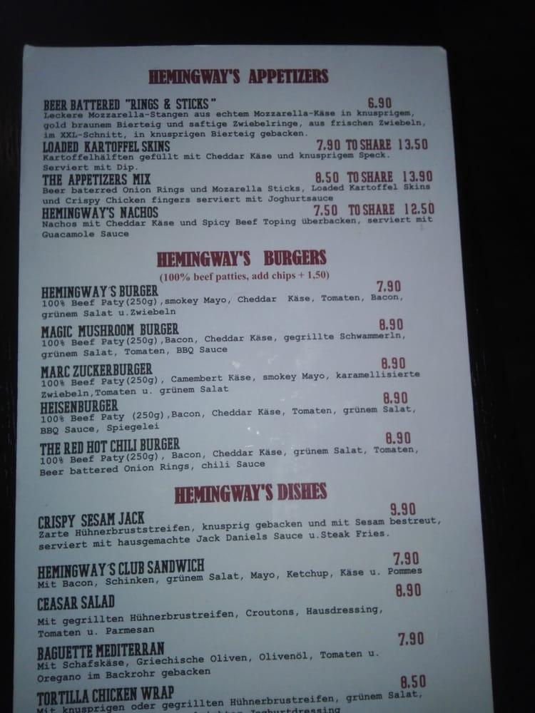Menu at HEMINGWAY'S MUSIC & JAZZ BAR, Linz