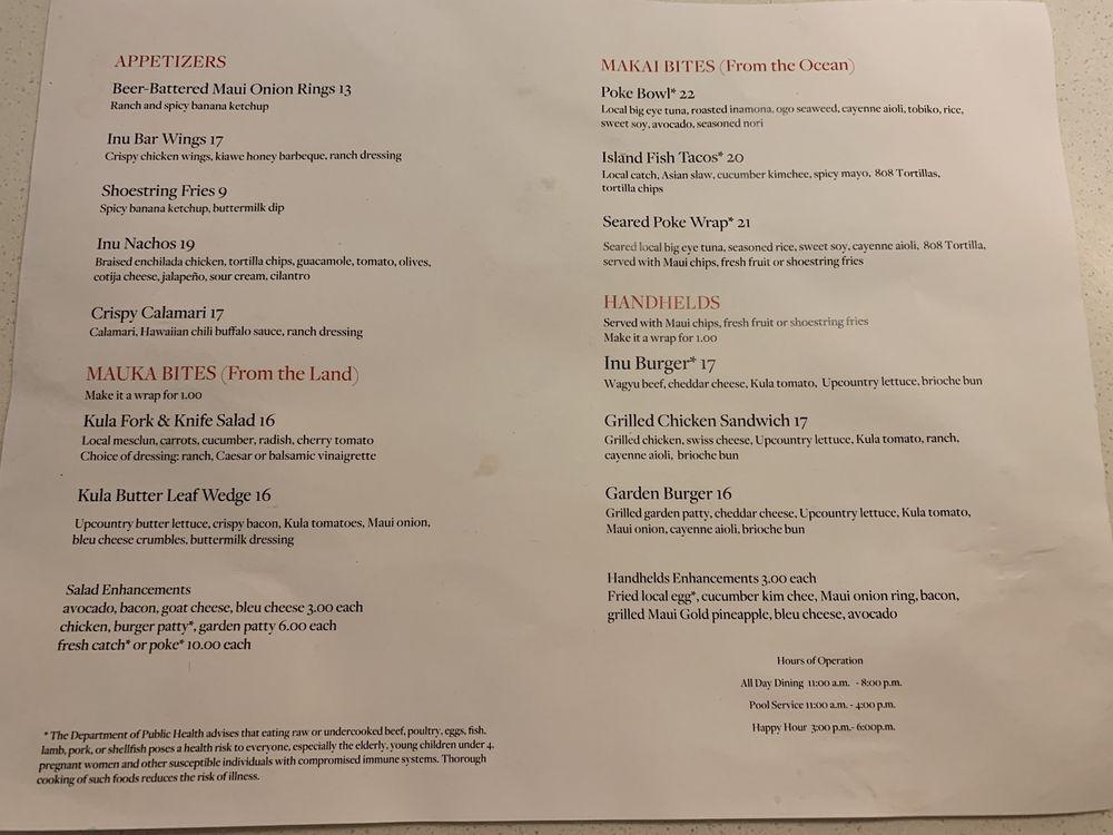 Menu at Inu Pool Bar, Lahaina
