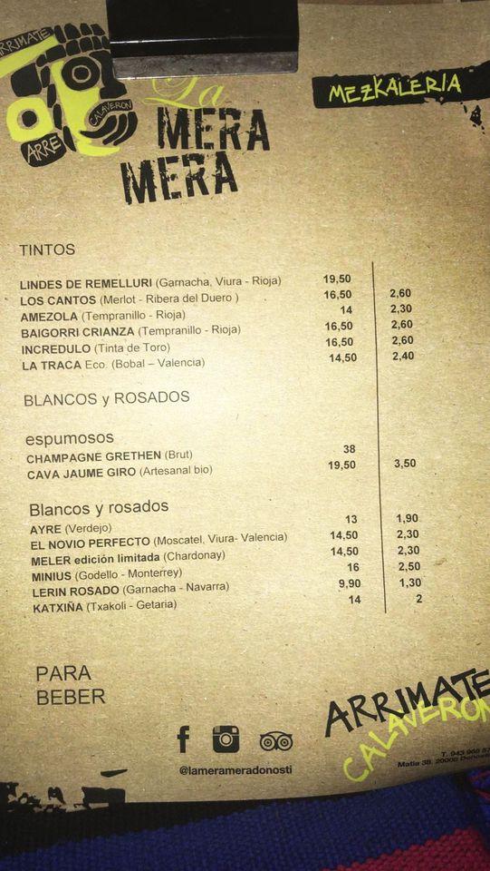 Carta del pub y bar La Mera Mera Donosti, San Sebastián