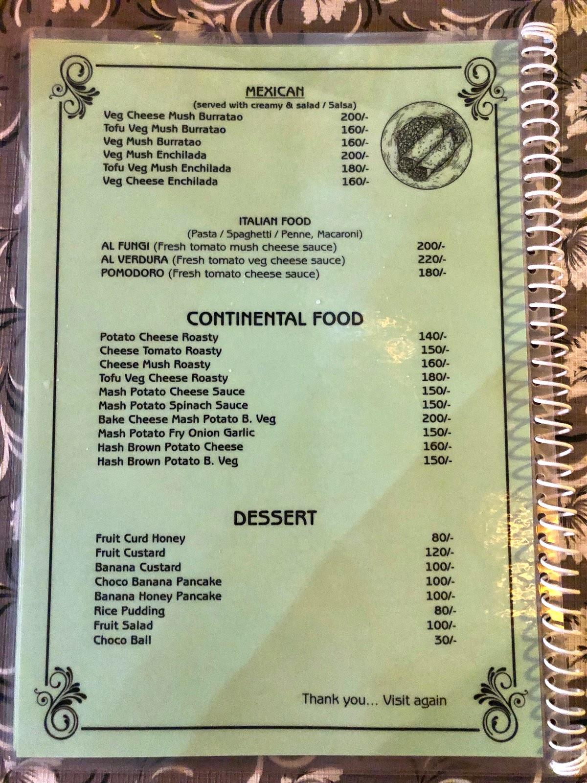 Menu at Lhasa Tibetan Kitchen, Agonda