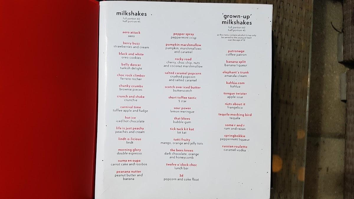 Menu au Milkshake Bar - Protea, Johannesburg