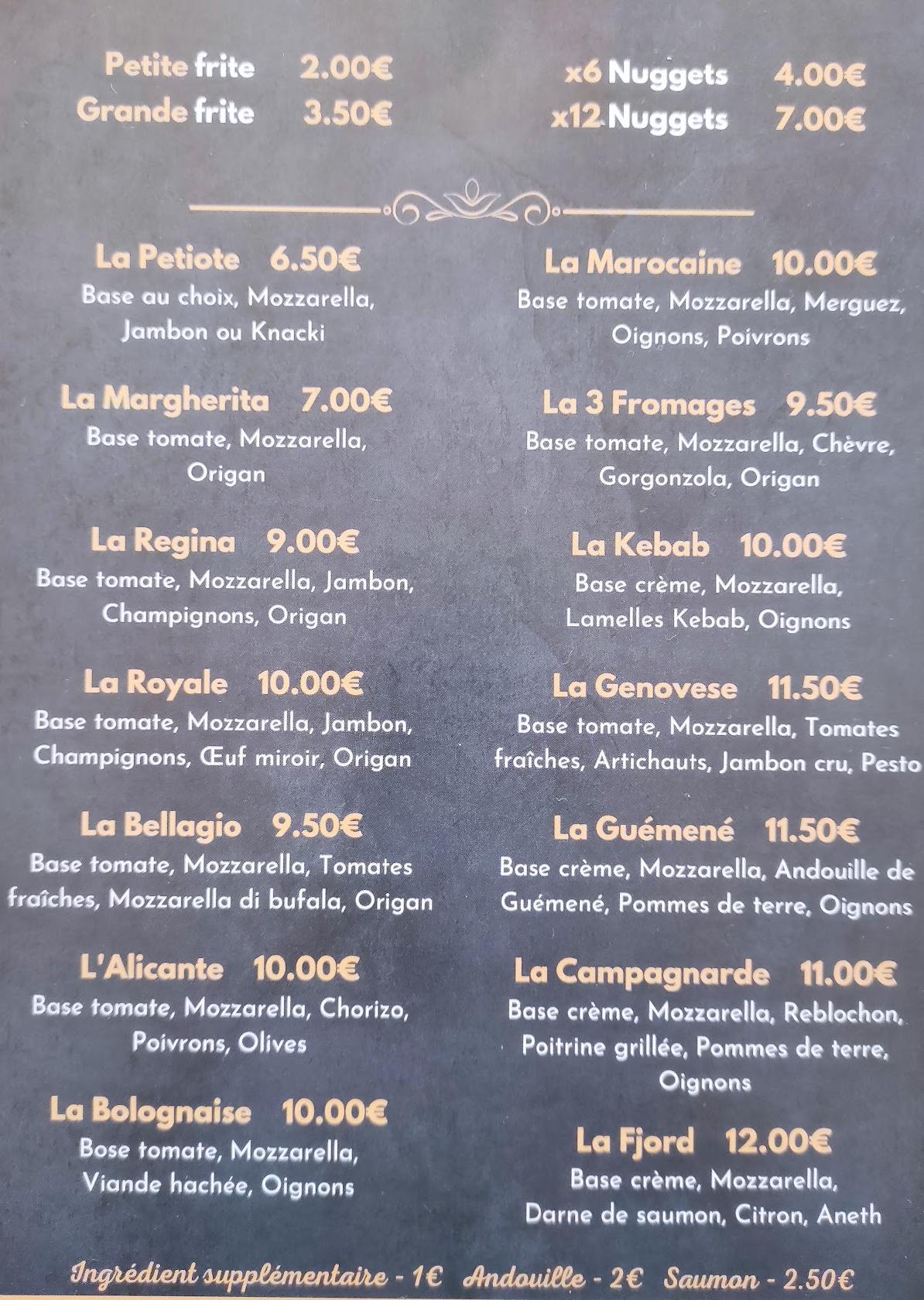 Menu au P.P Pizza restaurant, Plouguernével