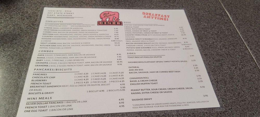 Carta del restaurante Pink Elephant Diner, Hart