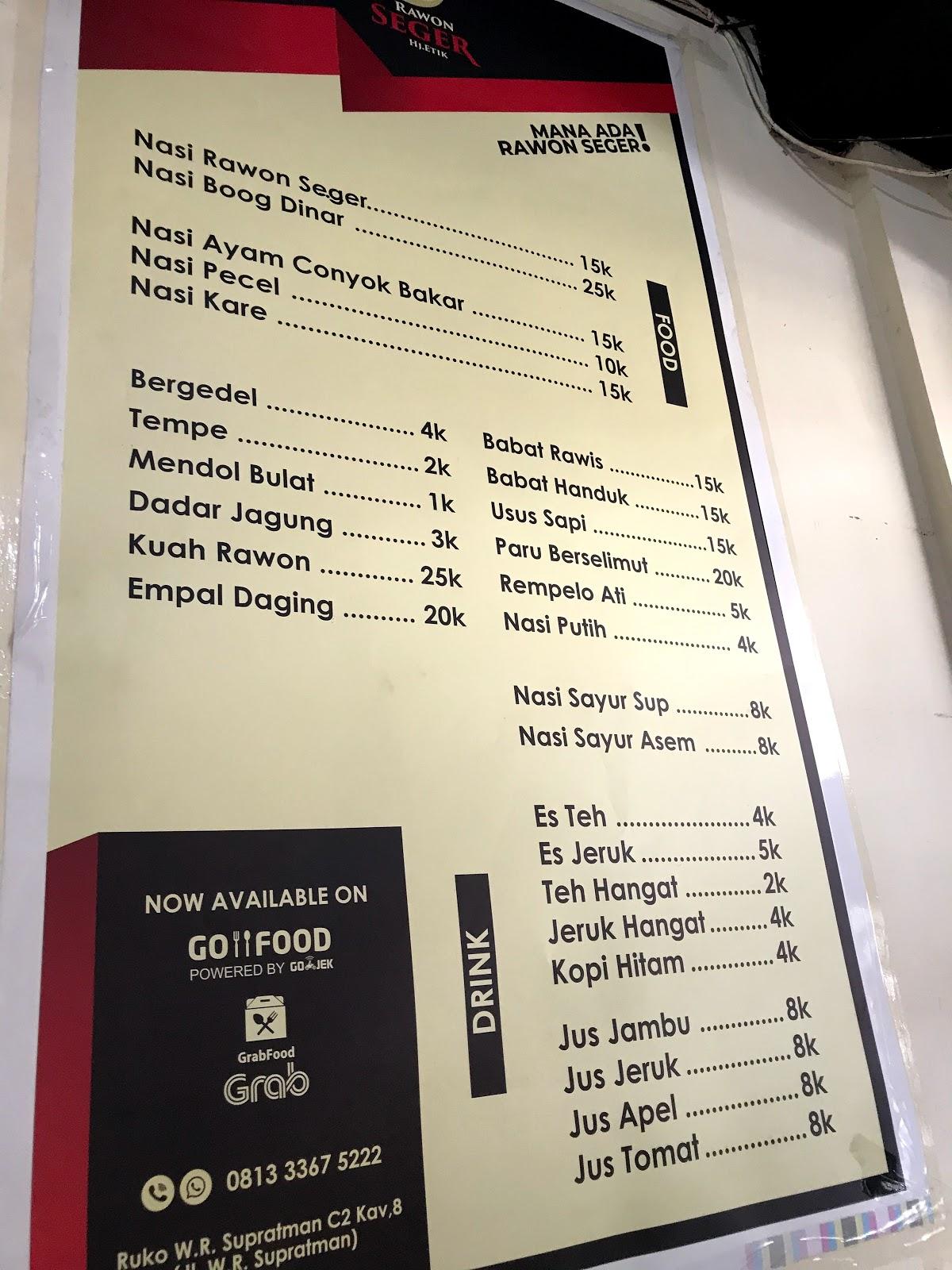 Menu at Rawon SEGER Hj. Etik restaurant, Malang