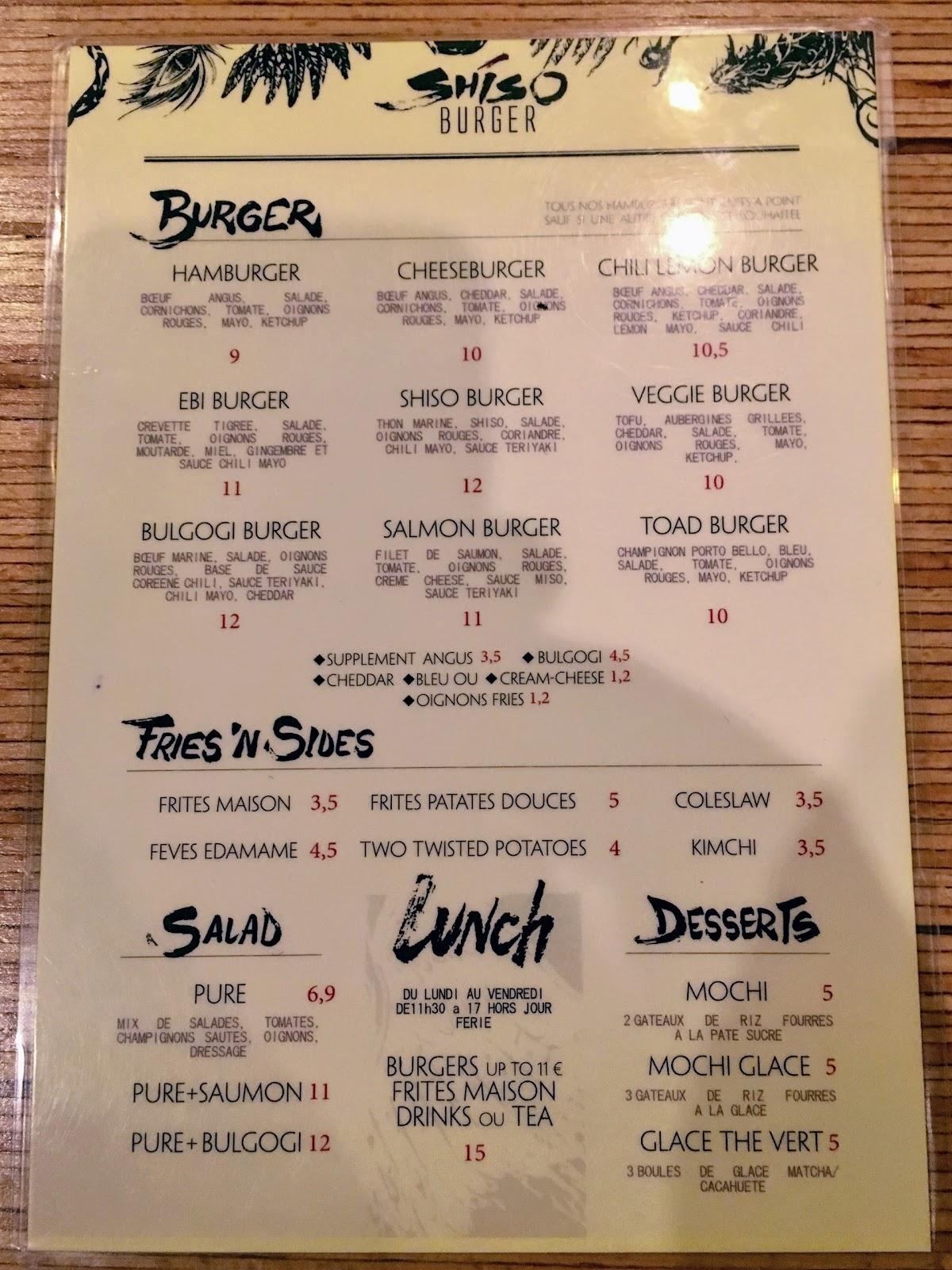 Menu au Shiso Burger restaurant, Paris, 21 Quai Saint Michel