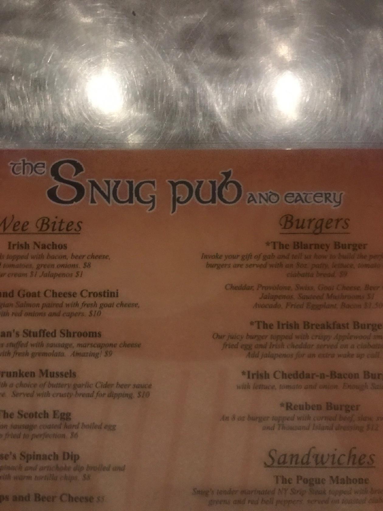 Menu at Snug Pub, Cocoa