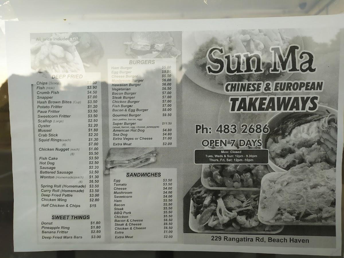 Menu at Sun Ma Takeaways fast food, Auckland