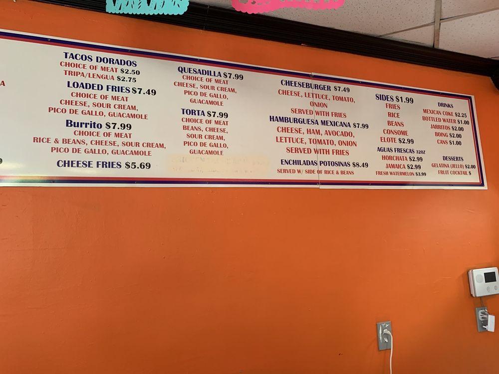 Menu at Taqueria Moctezuma restaurant, Irving